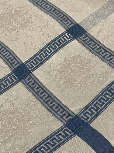 Tablecloth Blue Greek Key White Floral Jacquard Pattern Vintage 80” X ...