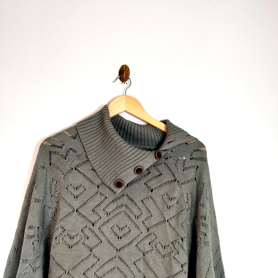 Democracy Poncho Sweater Green M Cowl Neck Dolman Open Knit Wood Button ...