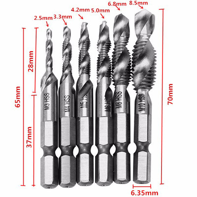 6pcs M3-M10 Composite Tap Drill Bit Thread Spiral Screw Tap 1/4'' Hex ...