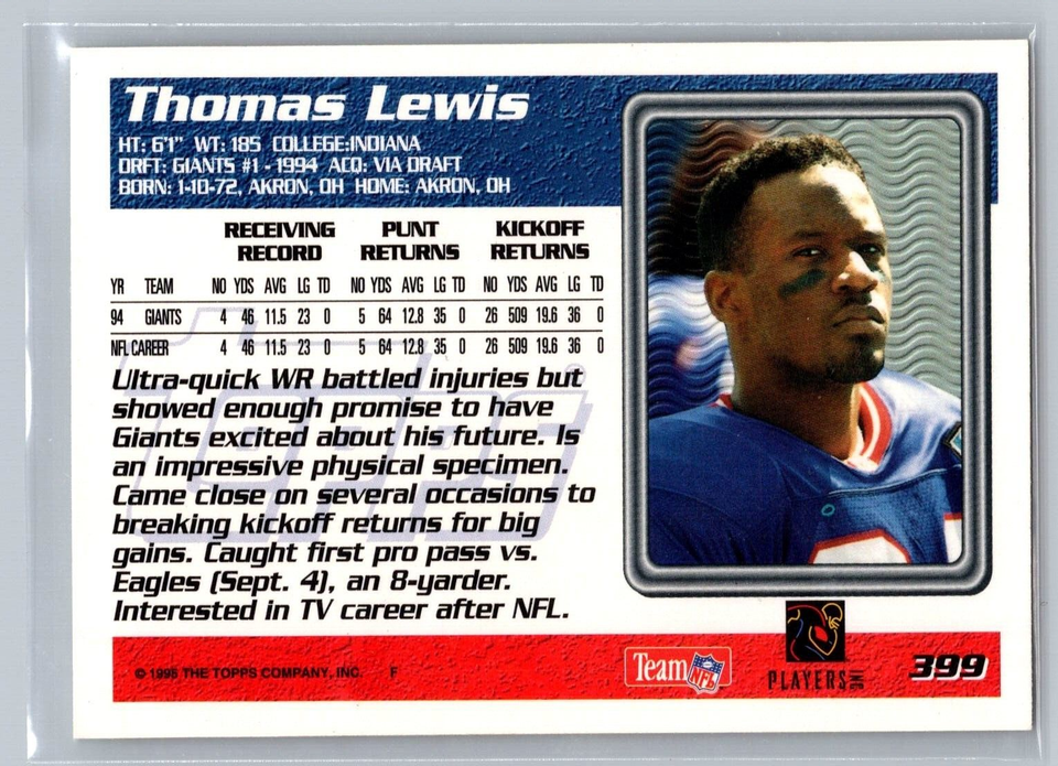 1995 TOPPS CARD # 399 Thomas Lewis - New York Giants | eBay