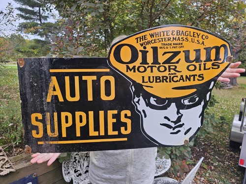 VINTAGE OILZUM AUTO SUPPLIES PORCELAIN ENAMEL SIGN 30 X 17 INCHES | eBay