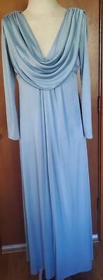 Vtg. 70s Mod Cowl Swag Neck Front & Back L/S Long Blue Dress Union Made ...