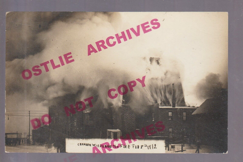 Crandon WISCONSIN RPPC 1912 FIRE Flames MAIN STREET Store BURNING ...