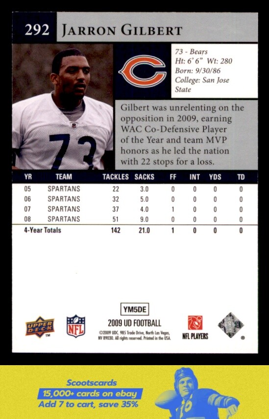 2009 Upper Deck Jarron Gilbert SR, RC #292 Chicago Bears | eBay