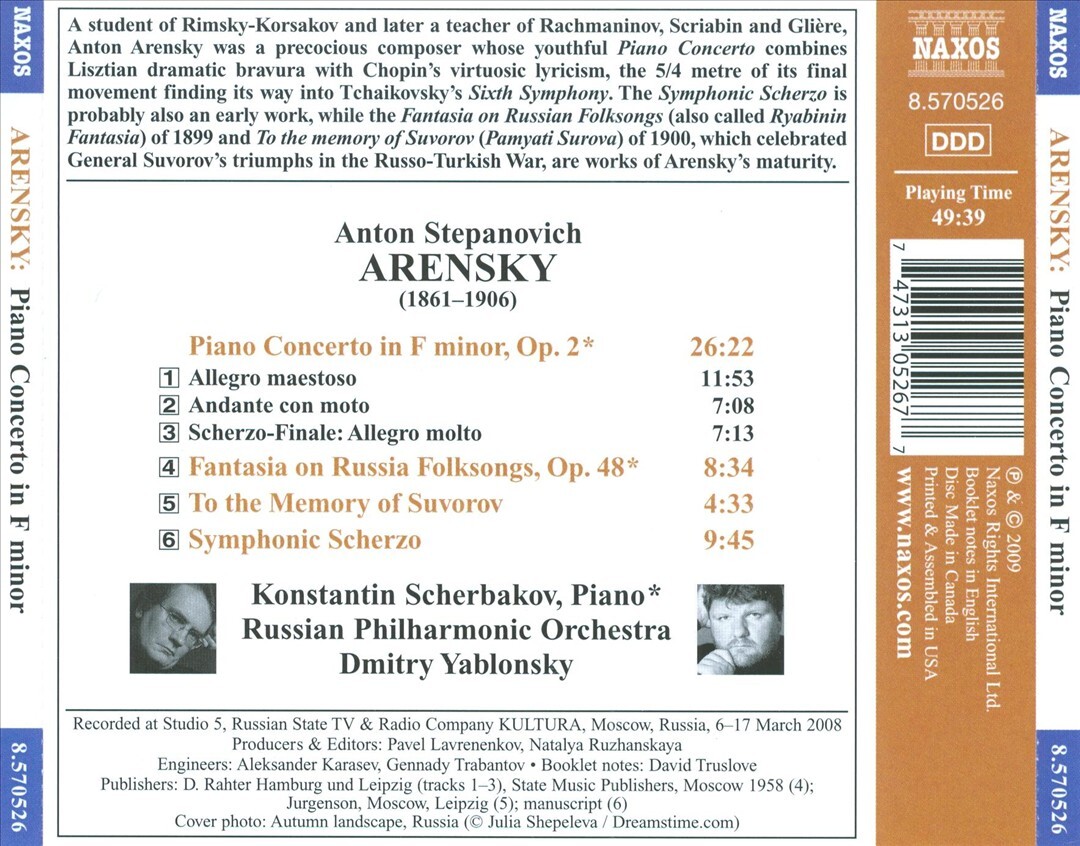 KONSTANTIN SCHERBAKOV ANTON ARENSKY: PIANO CONCERTO IN F MINOR NEW CD ...