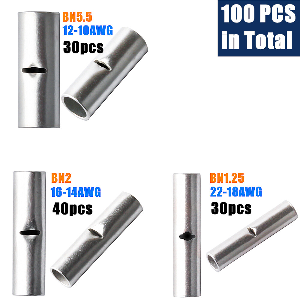 100Pcs Ferrule Crimp Wire Terminal Bare Copper Splice Butt Connectors ...