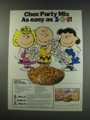 1991 Ralston Chex Cereal Ad - Chex Mix recipe featuring Peanuts ...