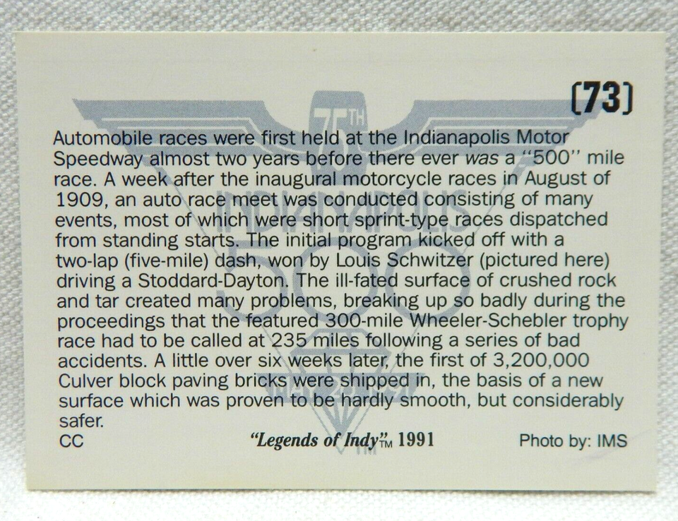 INDY 500 SPEEDWAY'S FIRST AUTO RACE LEGENDS OF INDY TRADING CARD #73 | eBay