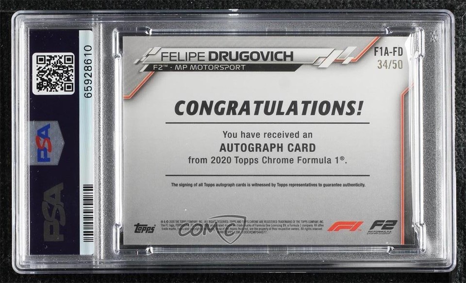 2020 Chrome Formula 1 Gold Wave Refractor 34/50 Felipe Drugovich PSA 8 ...