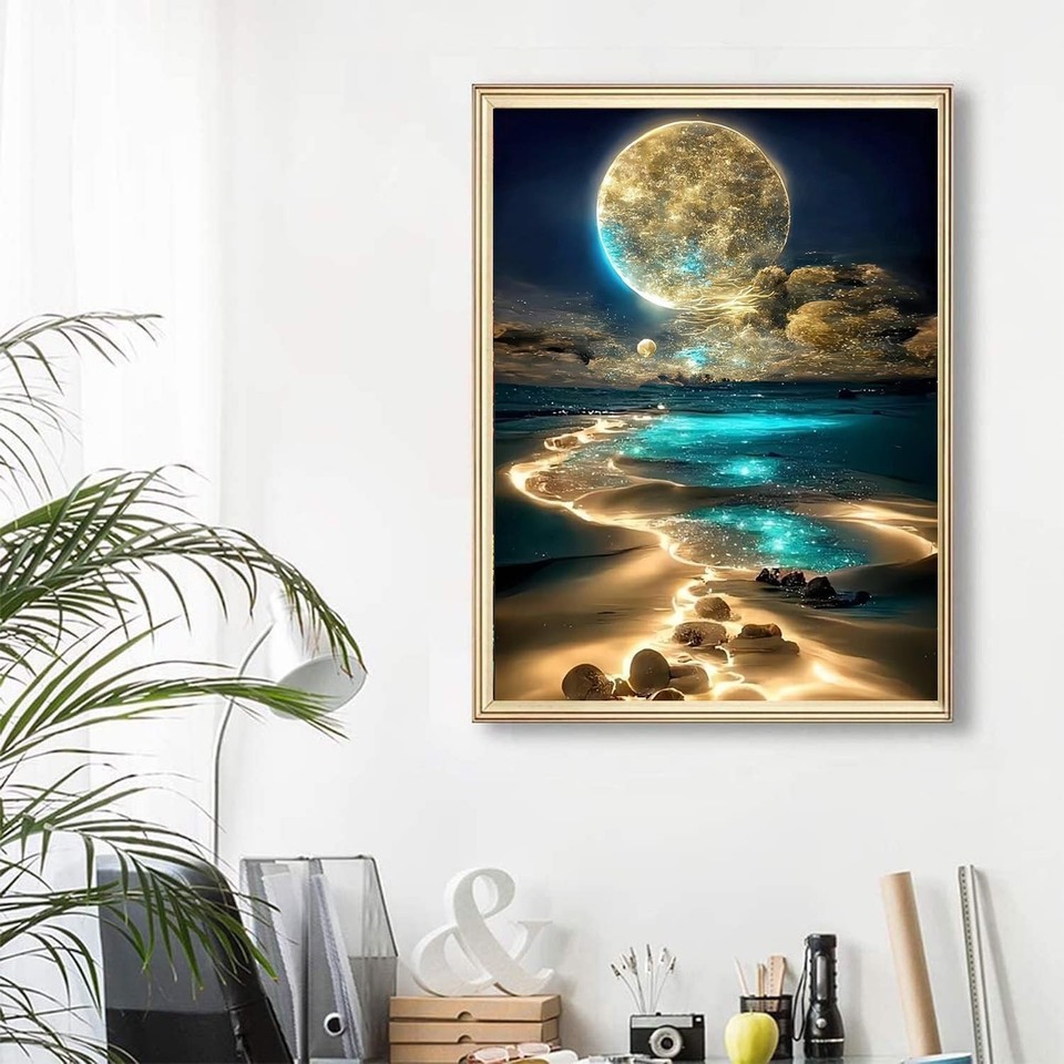 Moon Diamond Painting Kits for Adults, 5D Moonlight Beach Diamond Art ...