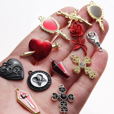 4 Gothic Charms Death Pendants Halloween Findings Gold Black Enamel Set ...