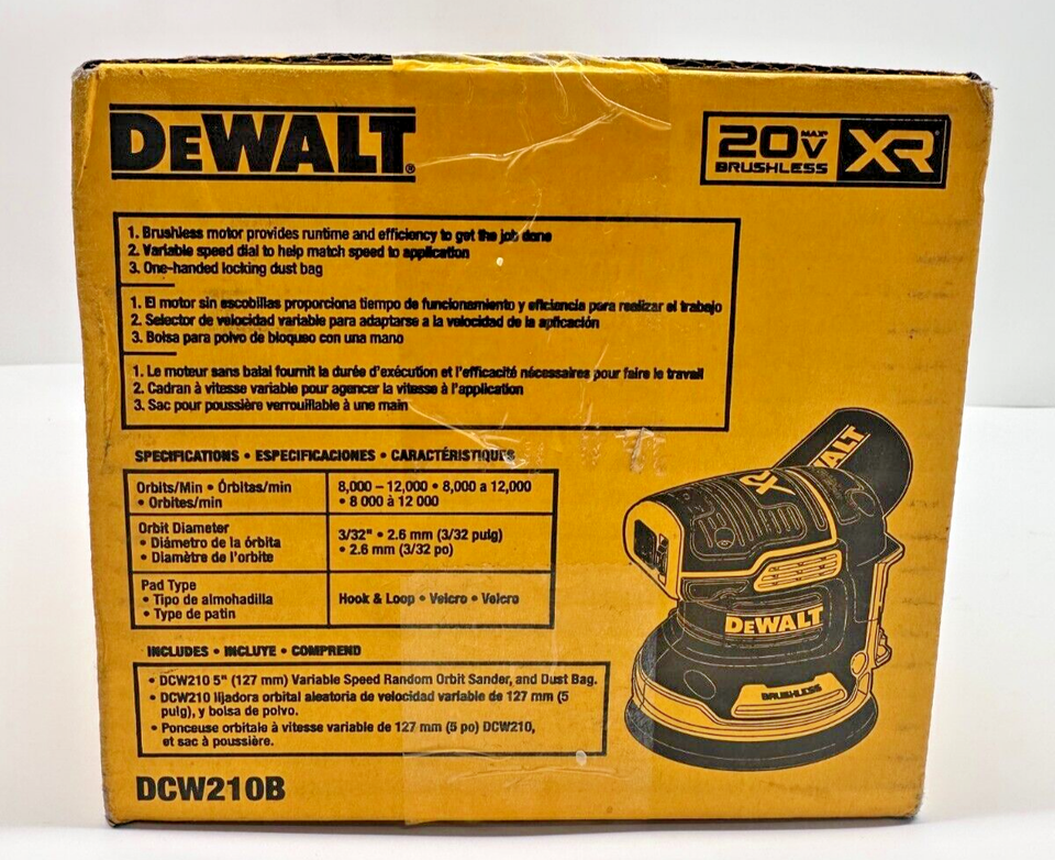 DeWalt DCW210B 20V MAX* XR 5" Cordless Random Orbital Sander (Tool Only ...