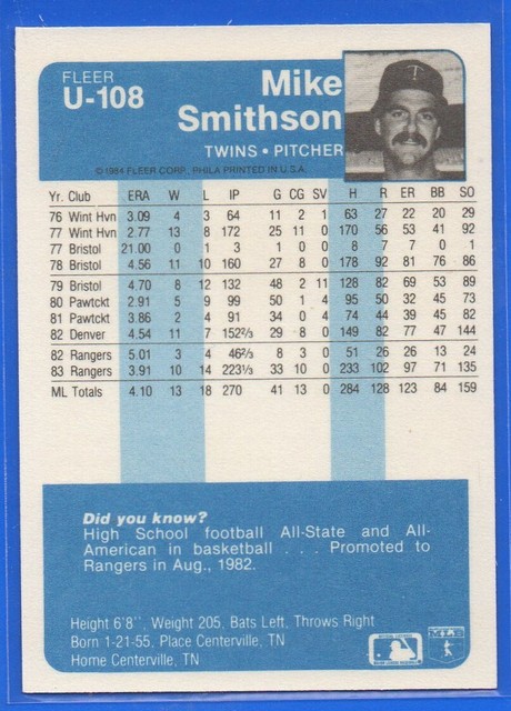1984 Fleer Update - #U-108 Mike Smithson for sale online | eBay