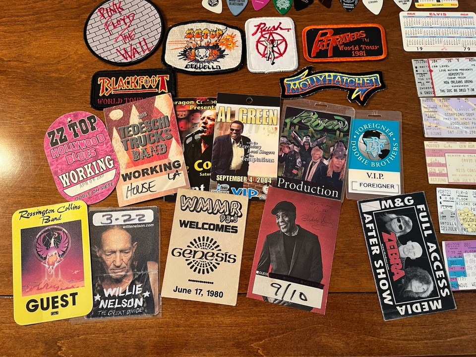 Lot of Vintage Rock Memorabilia, Ticket Stubs Patches, Passes, Picks ...