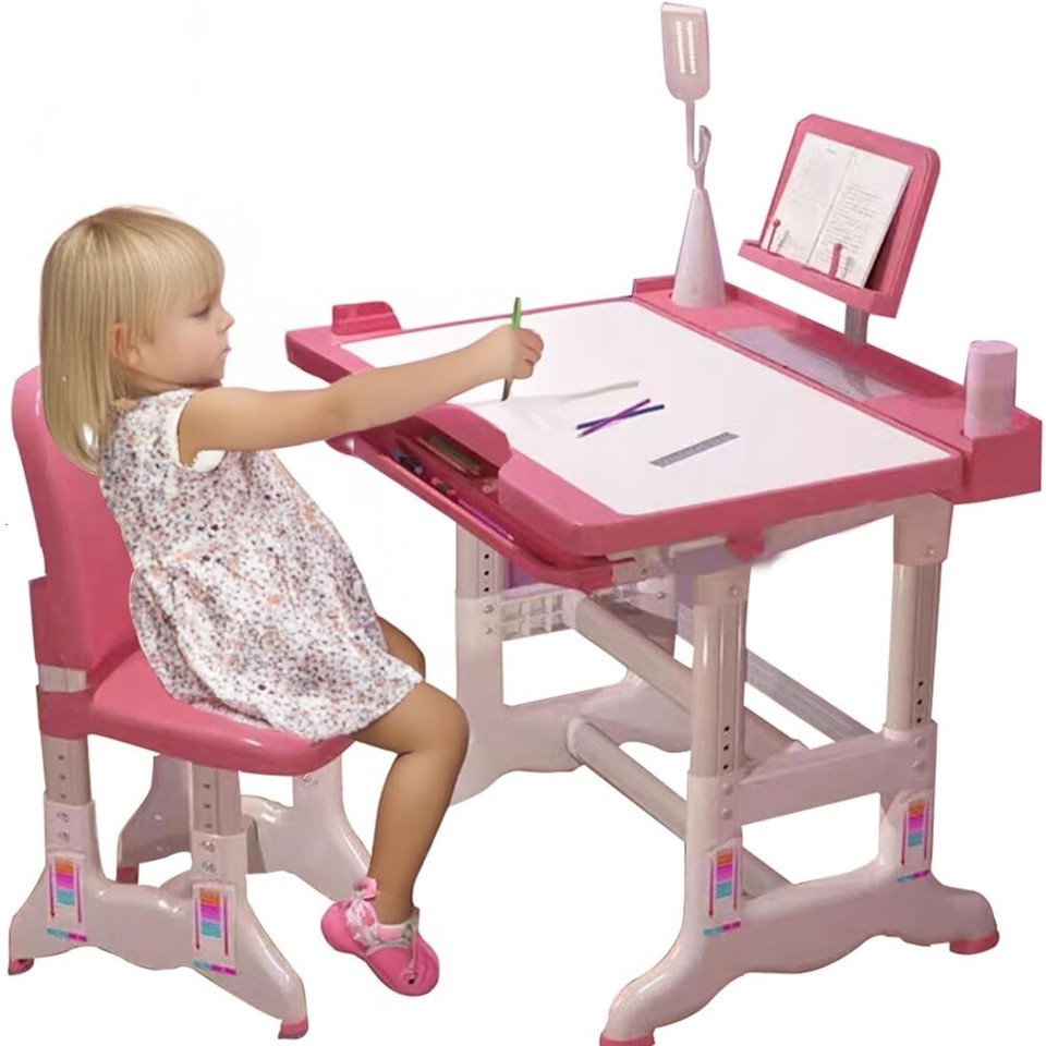 Kids Study Desk Chair Set Height Adjustable with Drawer & LED Lamp for ...
