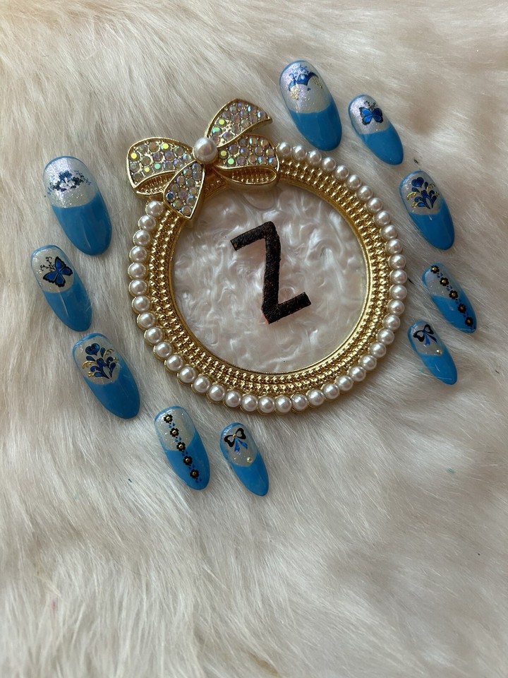 Z NAILZ! Handmade L Rounded Glitter/Blue French With Blue Motifs Press ...
