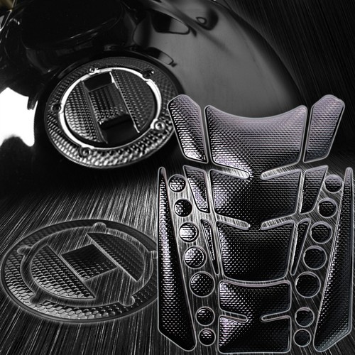 3D 8" Gloss Perforated Black Gas Tank Pad+Fuel Cap Cover 04-23 GSXR-600 ...