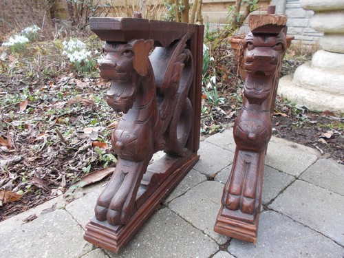 Pair of Antique hand Carved Wood Corbel Gothic winged Gargoyle Chimera ...