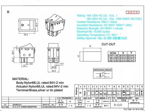 1PCS HONG JU R-4-210-C5L-BR 4pin 16A250V Rocker Switch R210 Green With ...