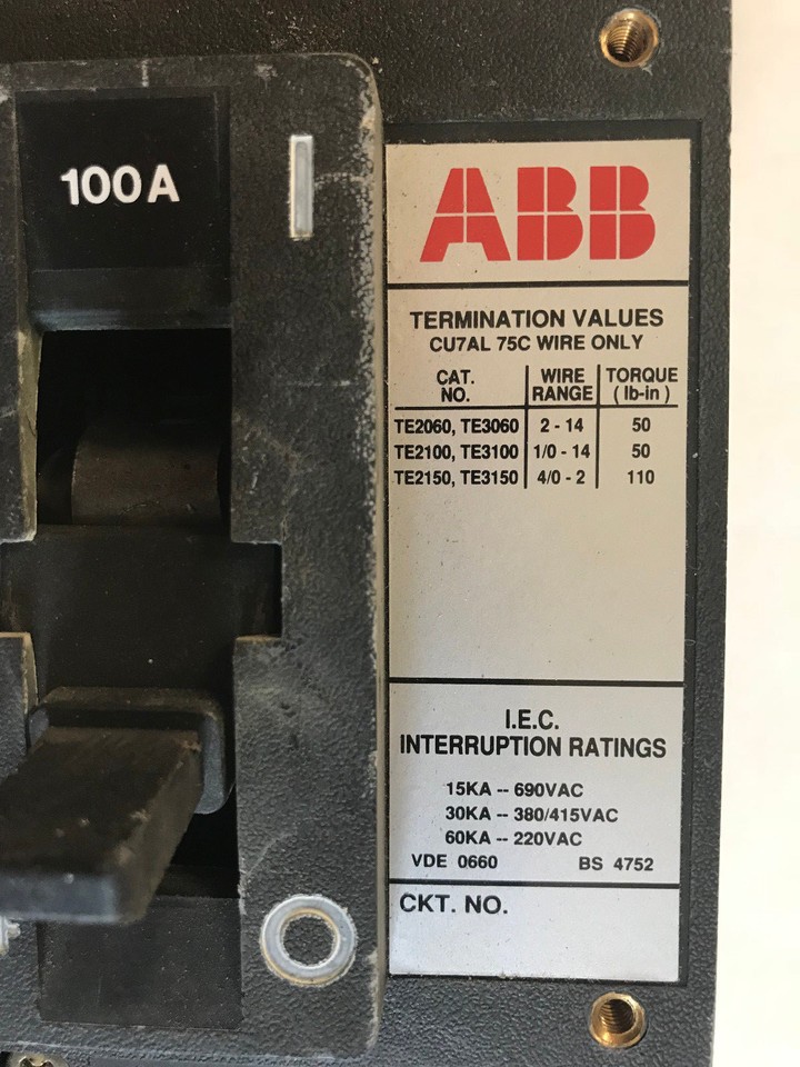 ABB CU7AL 75C,ABB ES,RS-9743,2POLE CIRCUIT BREAKER 100A,TE2060,TE3060 ...