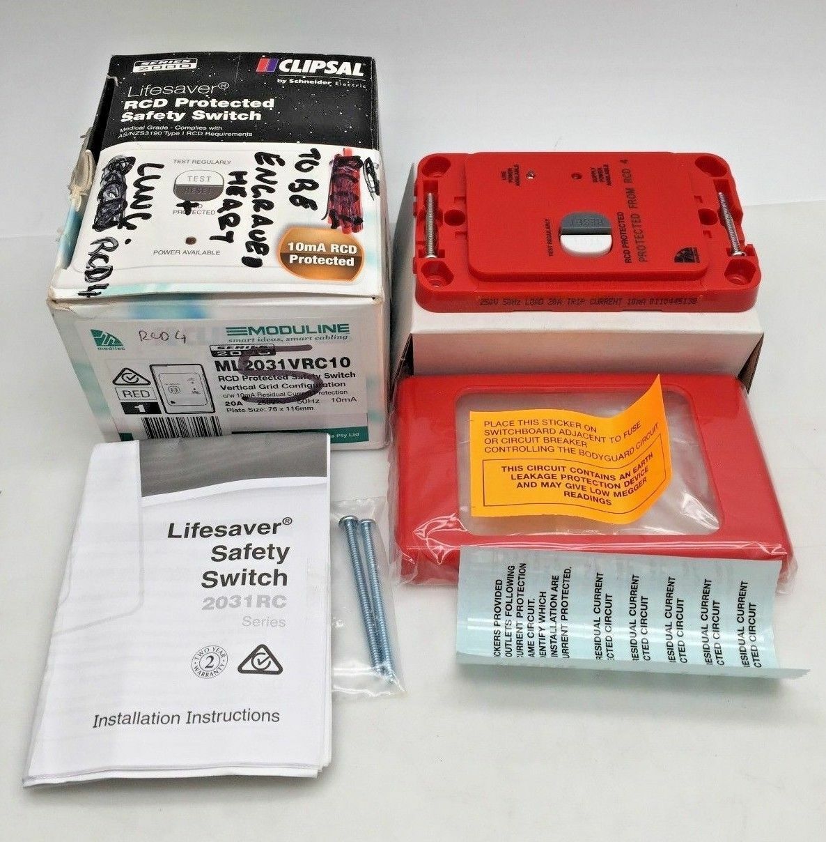 Clipsal ML2031VRC10 RED 'RCD 4' Protected Safety Switch 2 Pole 20A 10mA ...