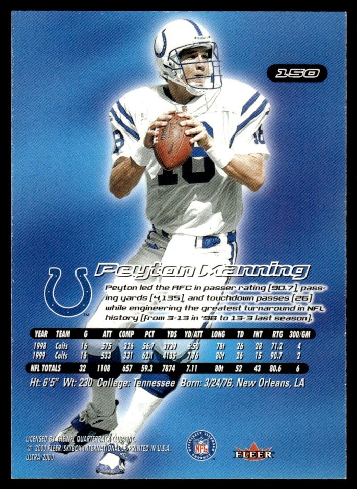 2000 Fleer Ultra Football Card Peyton Manning Indianapolis Colts #150 ...