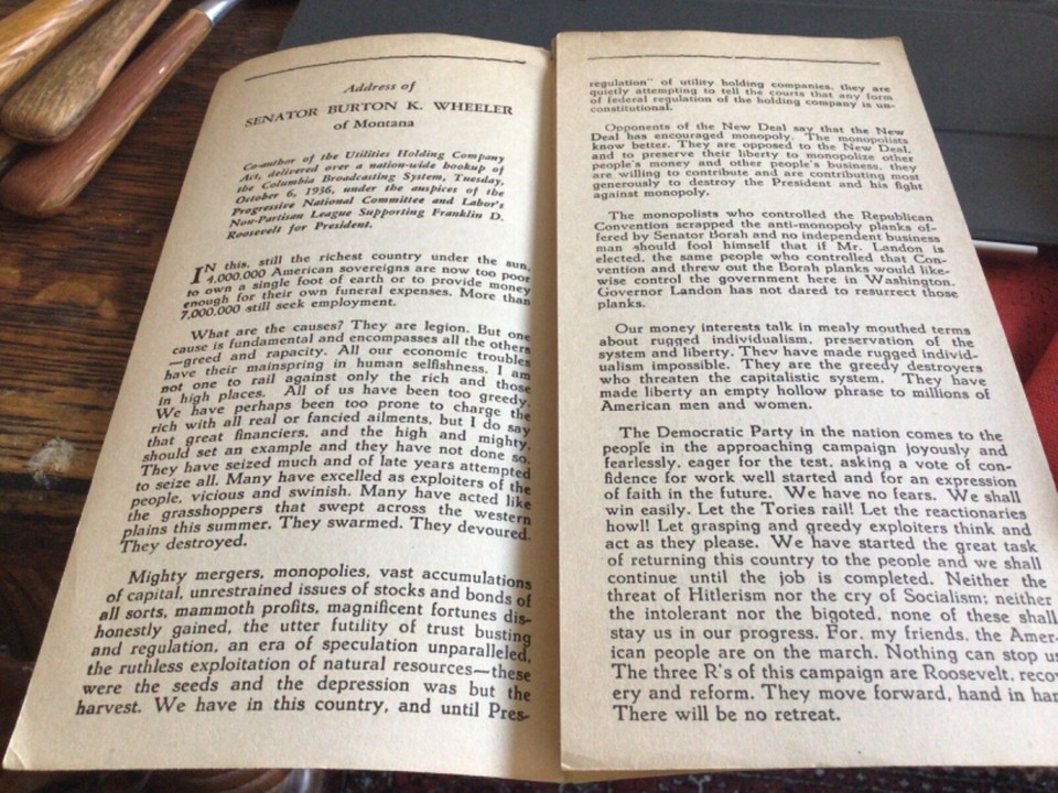 Progressive National Committee, Sen. Burton Wheeler, Support FDR, Anti ...