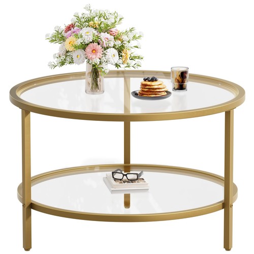 Saygoer Round Glass Coffee Table 2 Tier Modern Living Room Office Gold ...