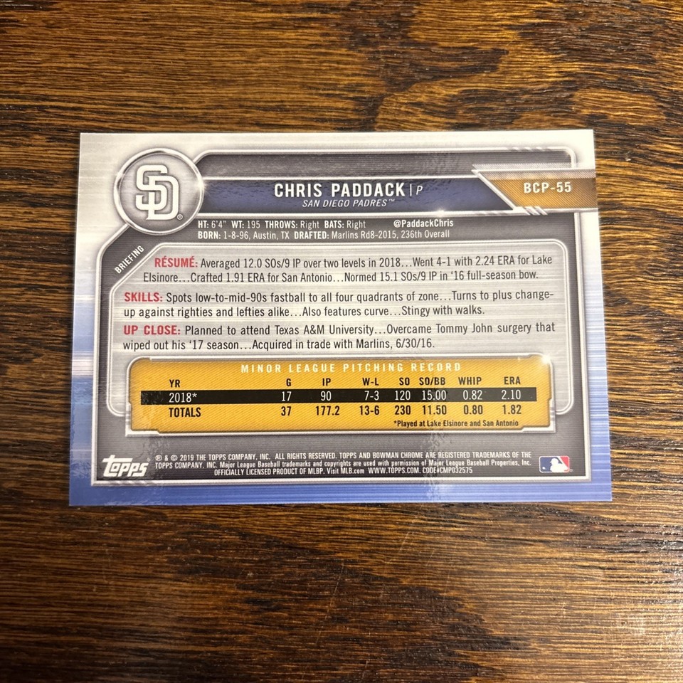 2019 Topps Bowman Chrome Chris Paddack BCP-55 aqua shimmer numbered 012 ...