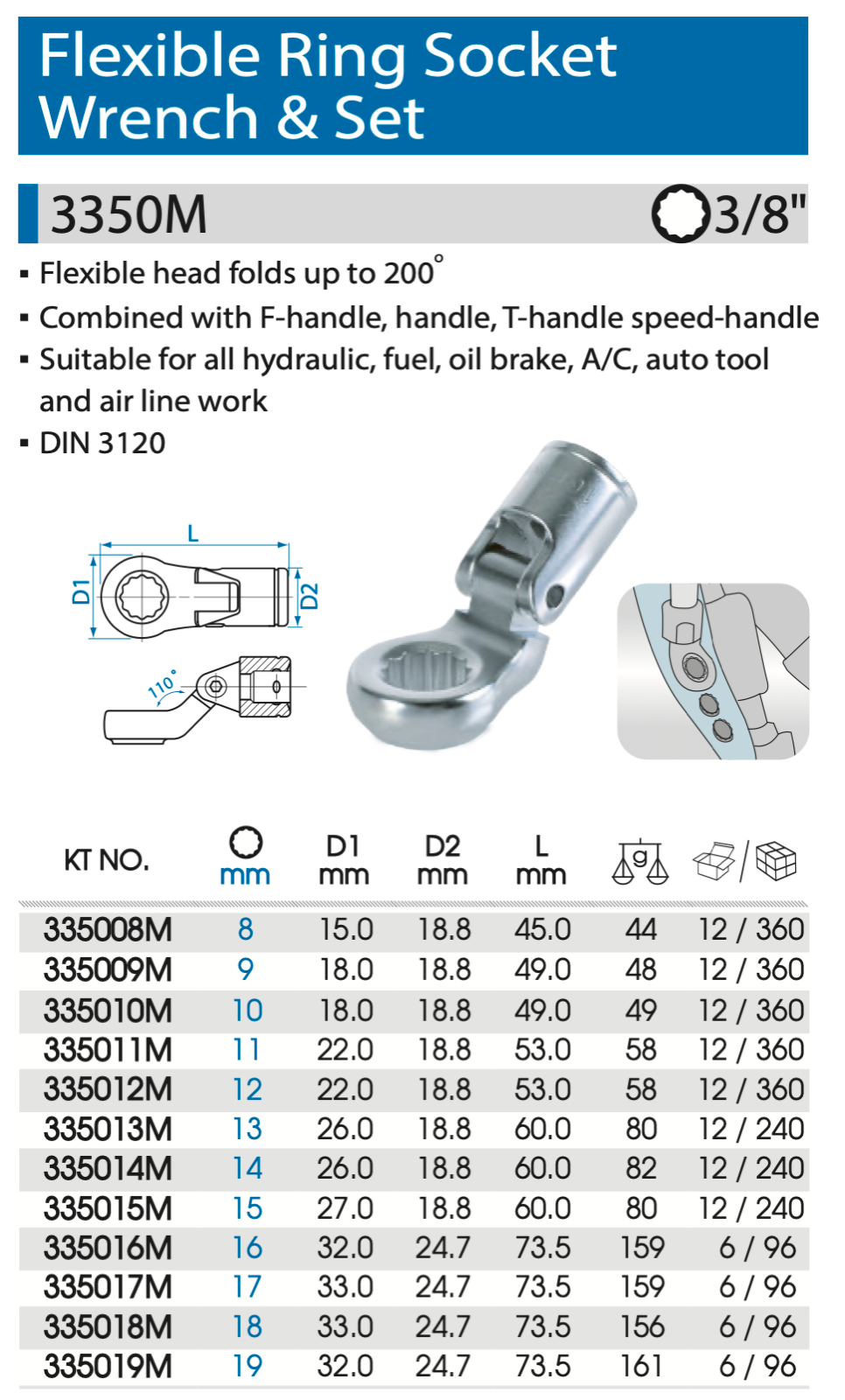 KING TONY Flexible Flexi Head Crowfoot Crows Feet Spanner Wrench 3/8" 8 ...