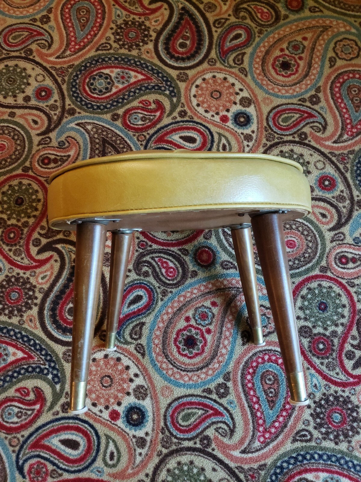 Vintage Round Harvest Gold Naugahyde Footstool w/ Wooden Screw Legs | eBay