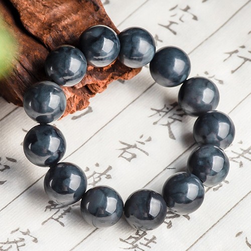 Natural Jade Nephrite Bangle Men Women Lucky Black 13mm Round Beads ...