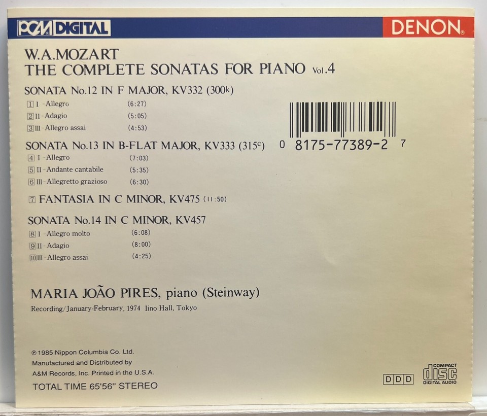 W.A. Mozart, Maria Joao Pires : Piano Sonatas Vol. 4 (CD Denon) *Rare ...