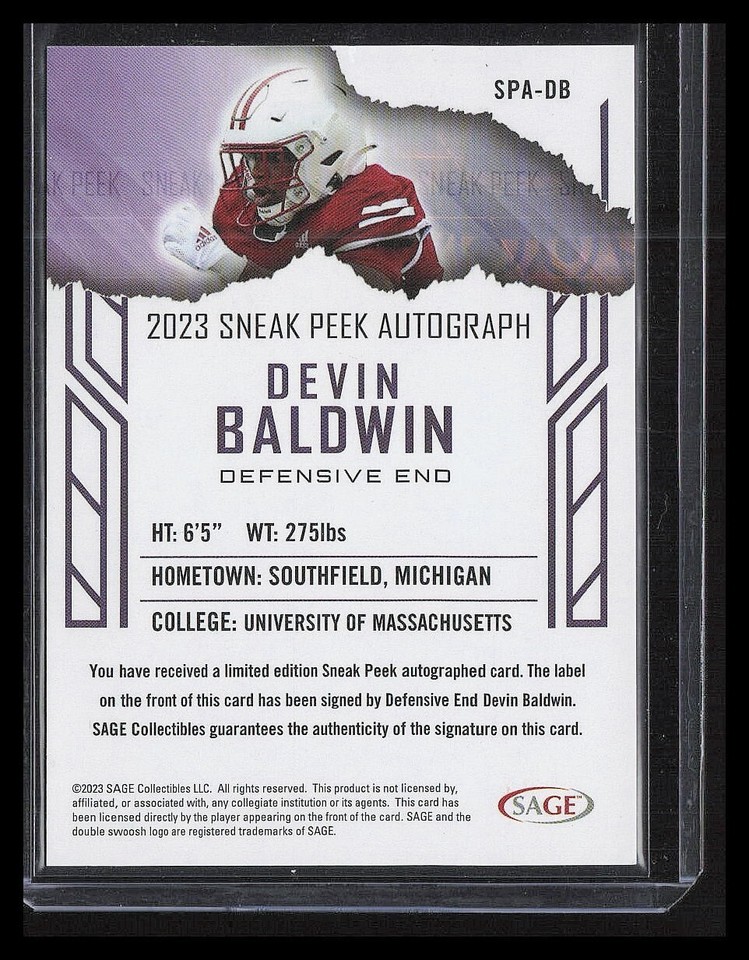 DEVIN BALDWIN 2023 Sage Sneak Peek Autographs Massachusetts Minutemen ...