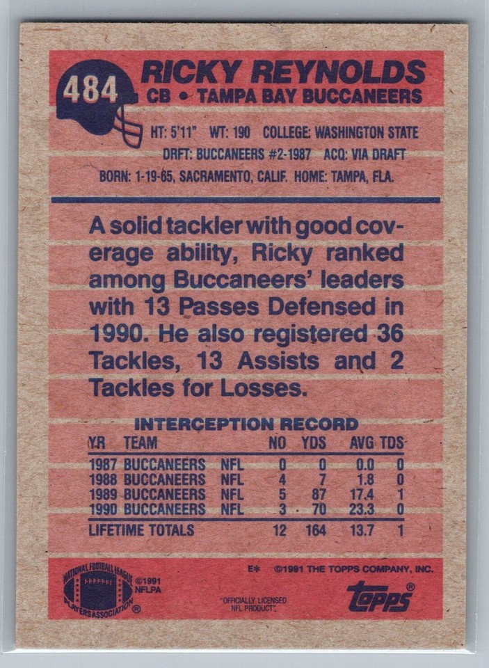 1991 TOPPS CARD # 484 Ricky Reynolds - Tampa Bay Buccaneers | eBay