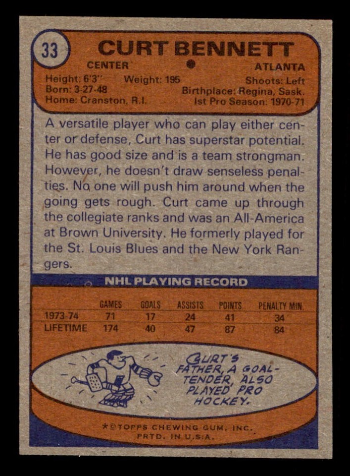1974 Topps Hockey #33 Curt Bennett EX/MT *d3 | eBay