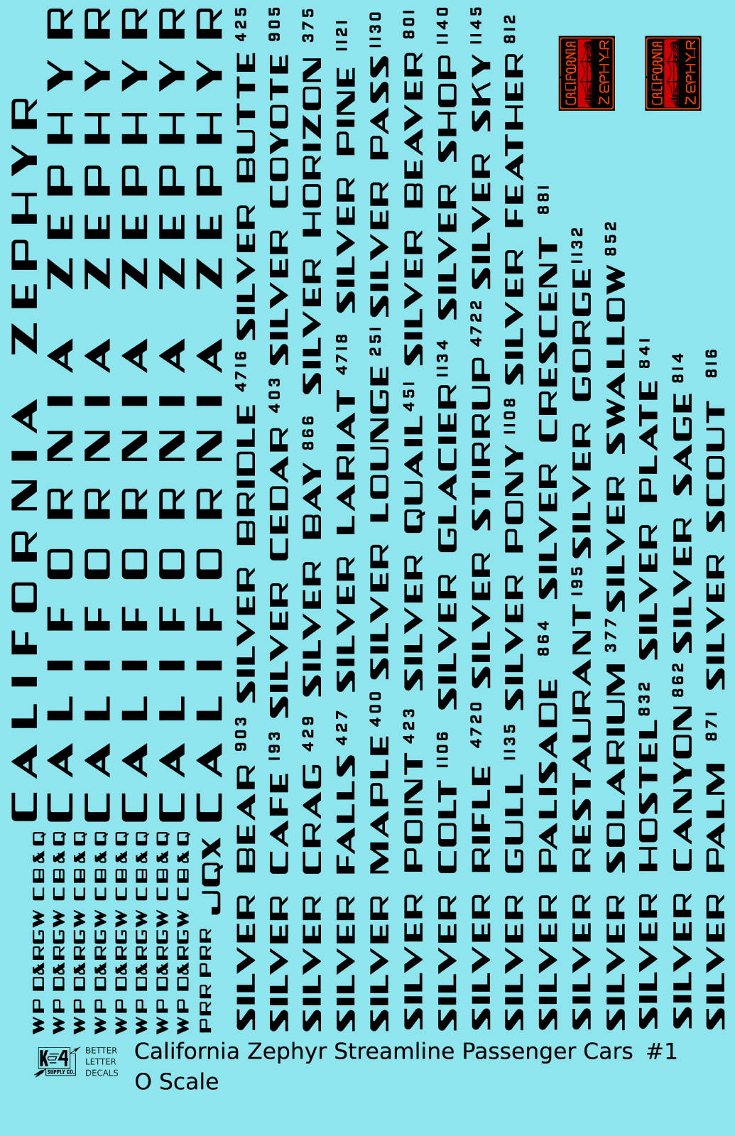 K4 O Scale Decals California Zephyr WP DRGW CB&Q Streamlined Passenger ...