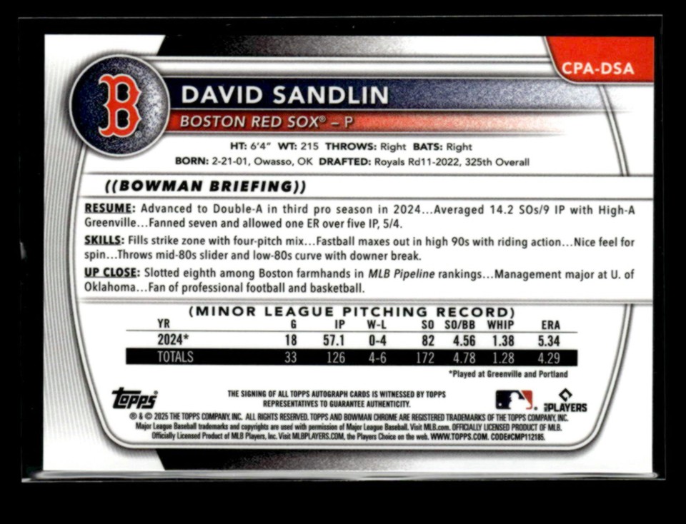 David Sandlin 2025 Bowman Chrome Baseball 1st Bowman Auto Prospects ...