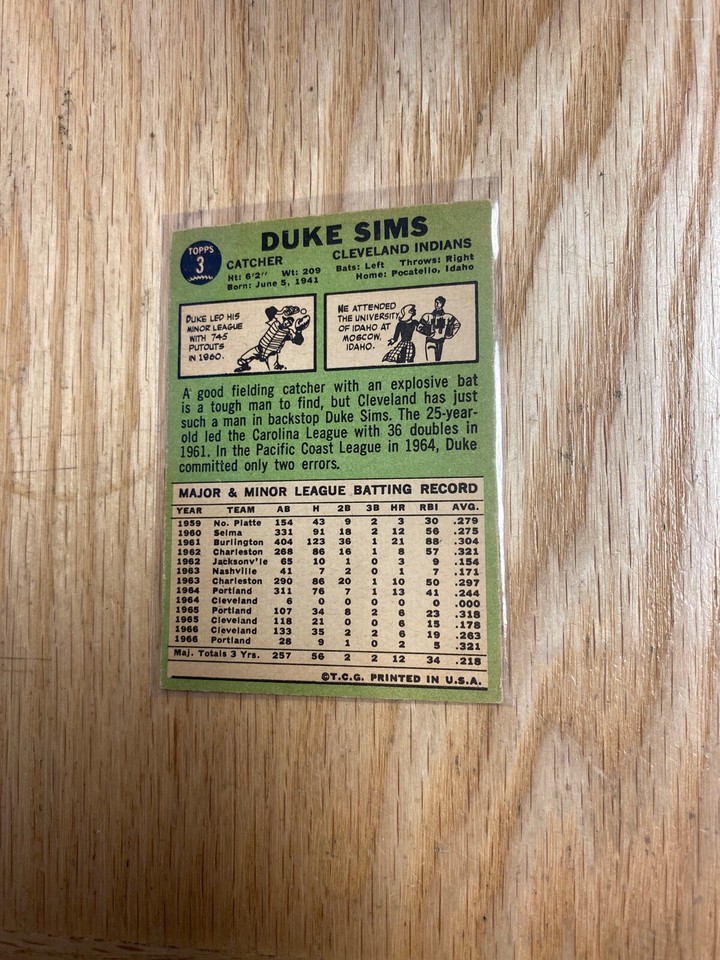 1967 Topps Duke Sims Cleveland Indians Card #3 | eBay