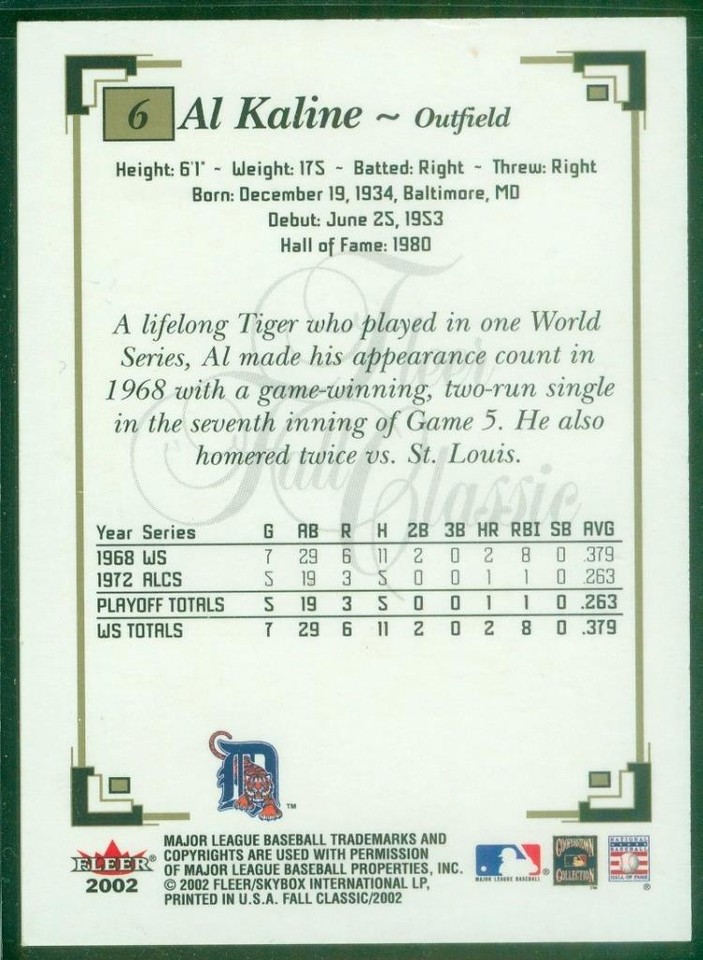 085, Original Autograph, Al Kaline HOF, 2002 Fleer Fall Classic, #6 ...