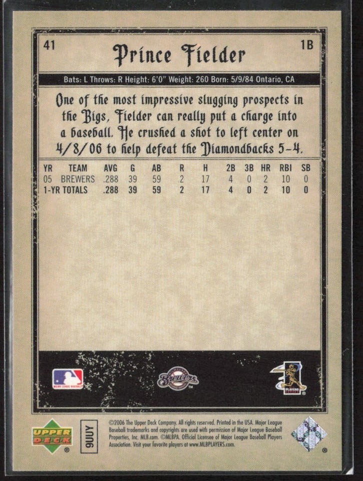 2006 Upper Deck Artifacts #41 Prince Fielder Rookie Milwaukee Brewers ...