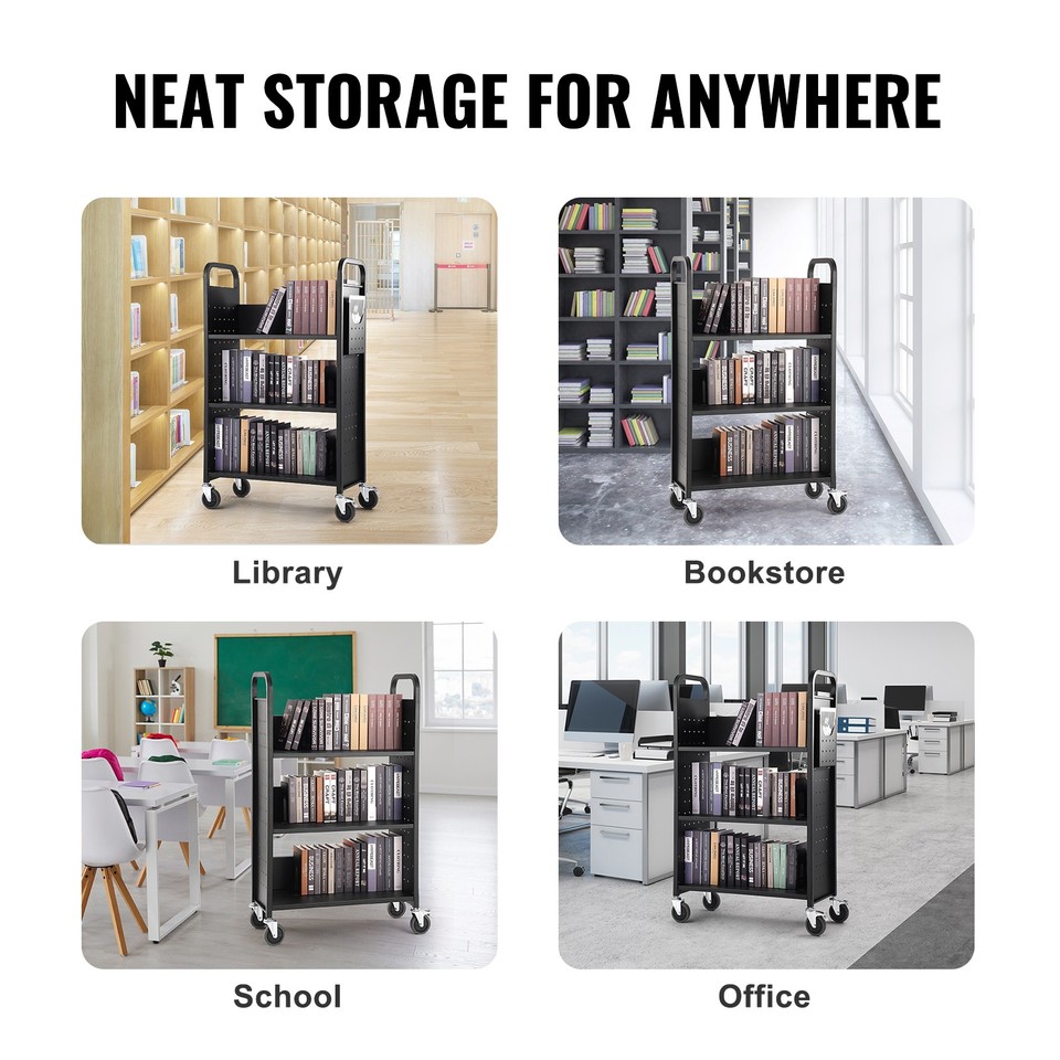Book Cart Library Cart 330 lbs Capacity with L-Shaped Shelves in Black ...
