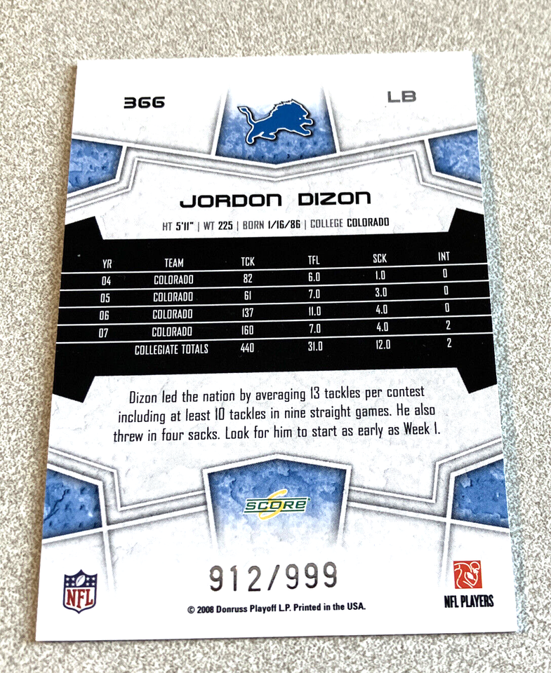 2008 Score Select RC #366 Jordon Dizon Lions /999 | eBay