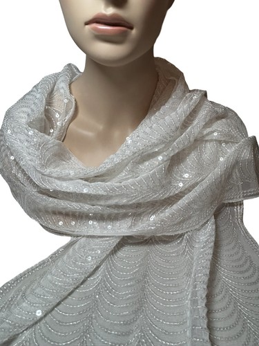 WHITE Sequin Wedding Rectangle Scarf Wrap W/Scalloped Trim Approx 18 X ...