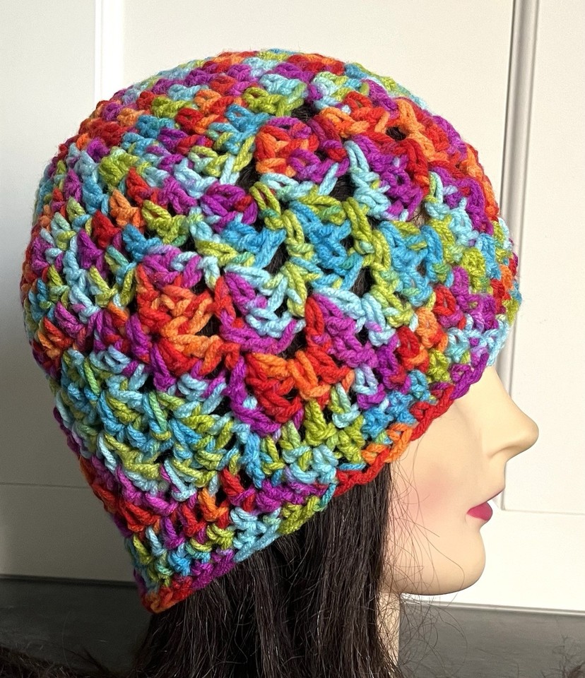 Handmade Neon Rainbow Multi Lacy Crochet Beanie Hat for Women Skully ...