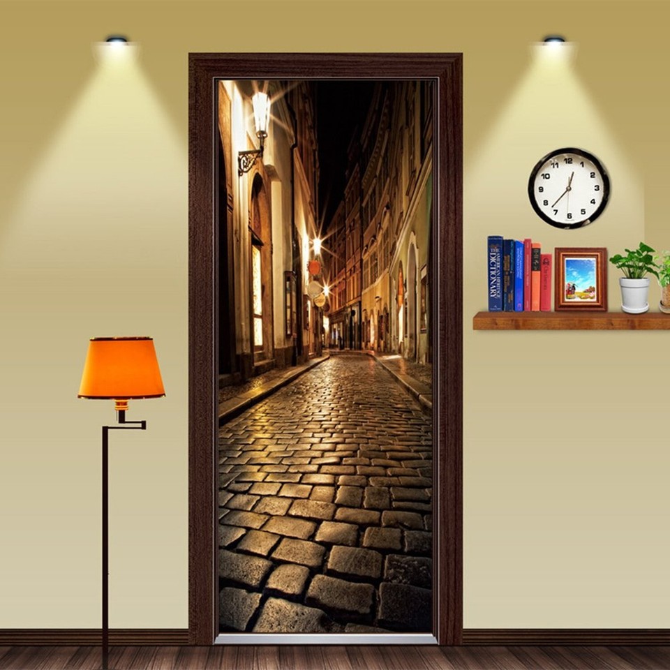 Door Wallpaper Murals 3D Alley at Night Door Wallpaper Sticker Self ...