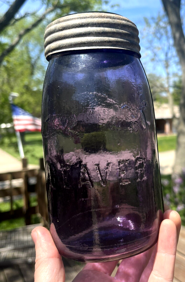 NICE AMETHYST COLORED PICTURED BEAVER FRUIT JAR W/LID QUART 1890s ERA ...