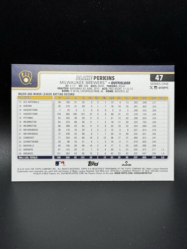 Blake Perkins 2025 Topps Series 1 #47 Milwaukee Brewers Baseball Card ...