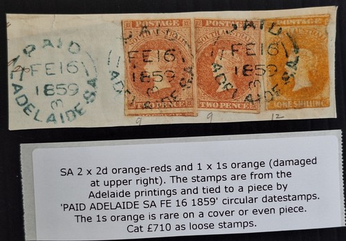1859 South Australia 2X2d Orange Red& 1/- Orange S/F stamps on piece ...
