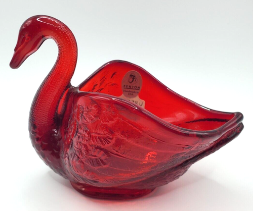 Fenton Ruby Red Swan Open Dish Tealight Glass Original Sticker Stamped ...